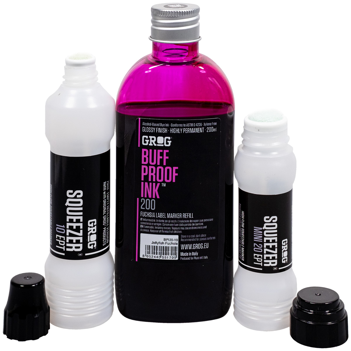 Grog "Buff Proof Ink (200ml) + Squeezer Medium Refill Set - Fuchsia ...